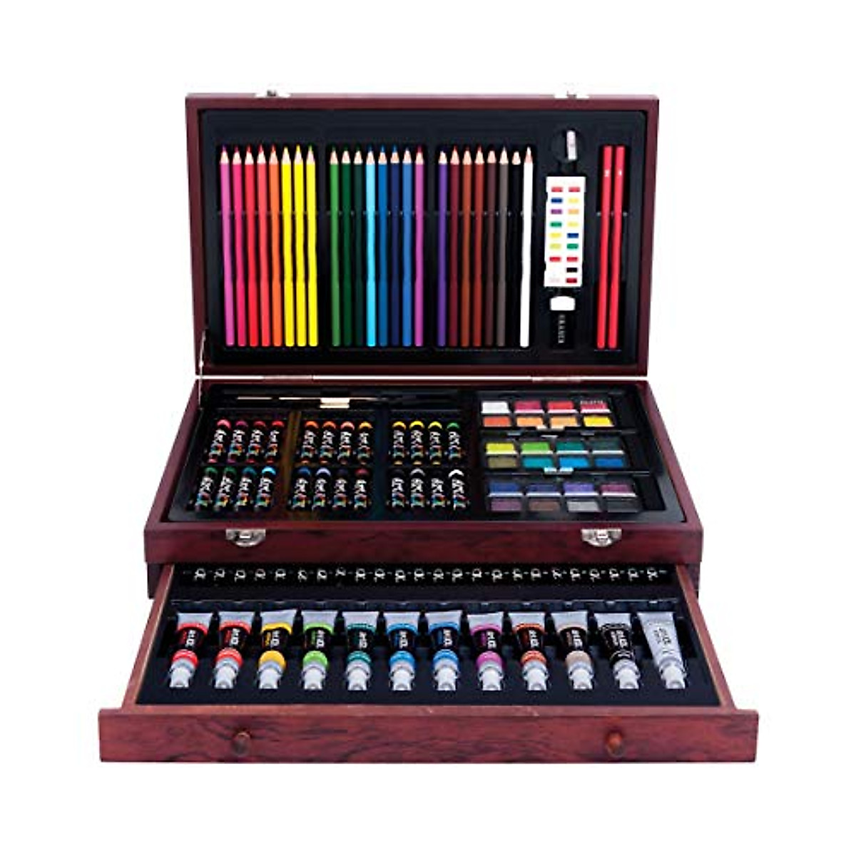 Art 101 USA Deluxe Art Set with 119 Pieces in a Wood Organizer Case, Includes Color Pencils, Paints, brushes and palettes, Learning guides, Portable Art Studio