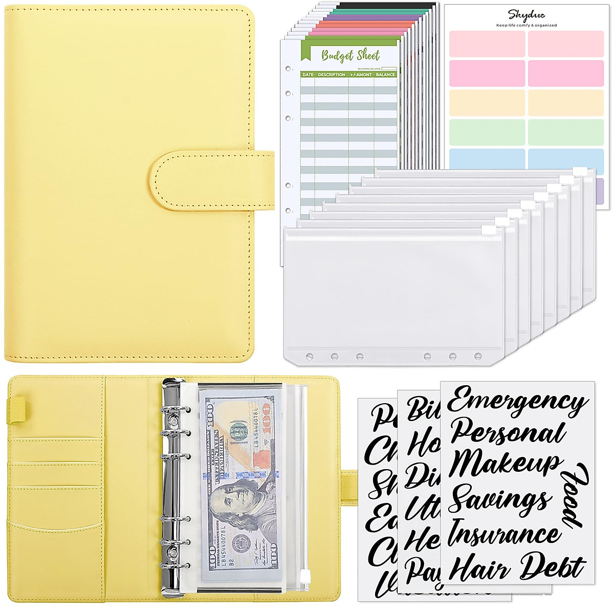 SKYDUE Budget Binder with 8pcs Zipper Envelopes, Money Organizer for Cash with 12pcs Expense Budget Sheets & 24 Blak Sticky Labels, Budget Book with Cash Envelopes, Yellow, A6 (1008HYJ-HZ_A6Yellow)