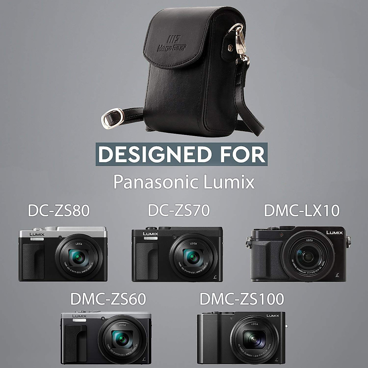 MegaGear MG700 Leather Camera Case with Strap compatible with Panasonic Lumix DC-ZS80, DC-ZS70, DMC-LX10, DMC-ZS60, DMC-ZS100 - Black