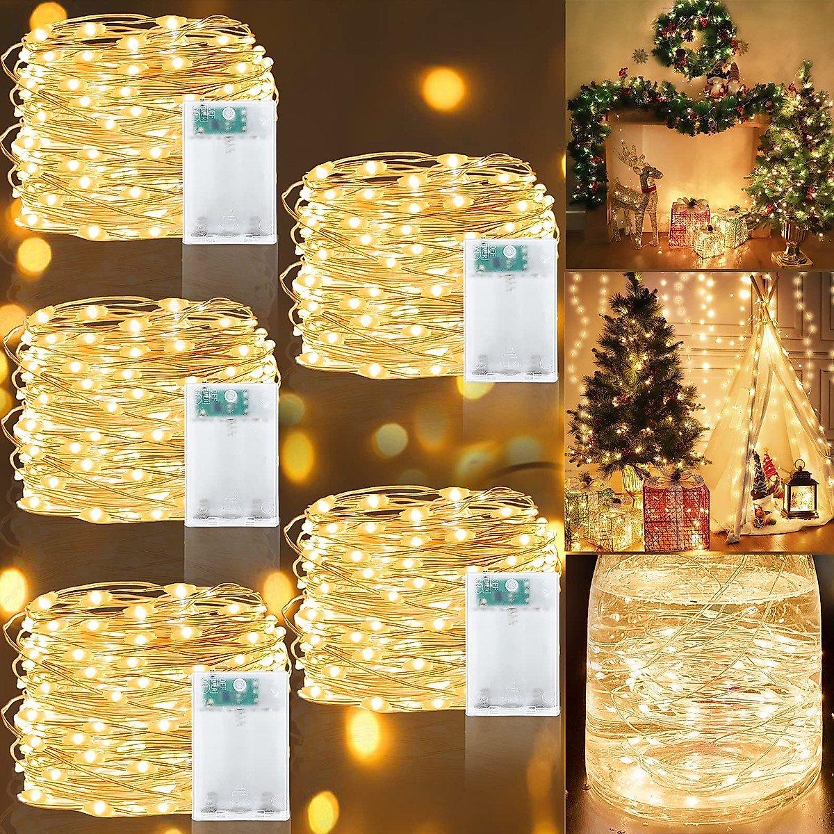 TURNMEON [ 5 Pack & Timer ] 500 LED 165 Ft Fairy Lights Decorations Copper Wire String Lights Battery Powered Christmas Tree Lights for Bedroom Wedding Indoor Outdoor Home Decor, 100 LED 33 Ft Each