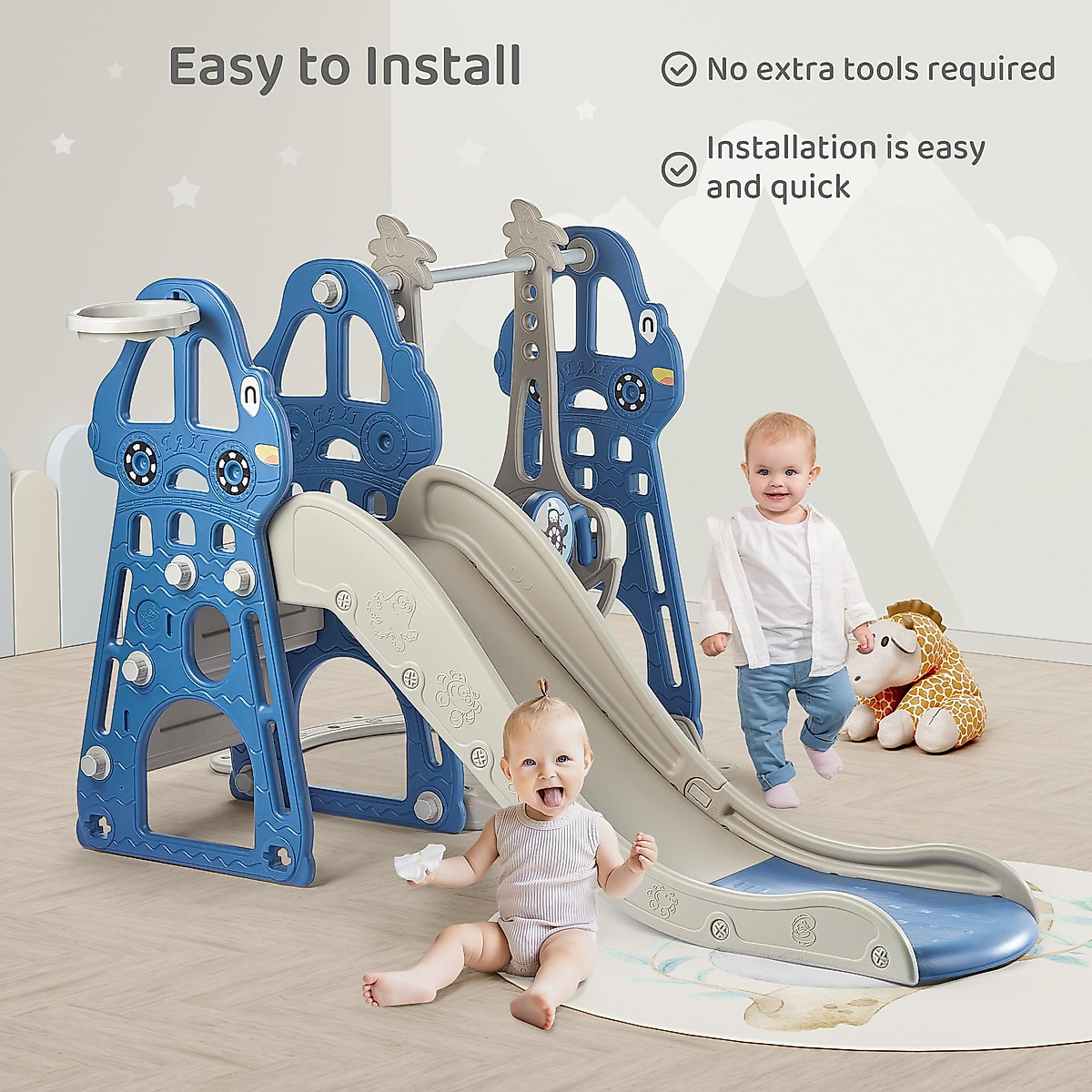 4 in 1 Toddler Slide and Swing Set, Kid Slide for Toddlers Age 1-2, Baby Slide with Basketball Hoop, Indoor Outdoor Slide Toddler Playset Toddler Playground– Blue
