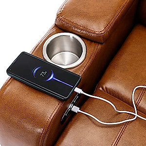 Leather Recliner Chair Power Electric Recliners with Cup Holder and Tray for Adults Theater Seating with USB Charging Port Single Reclining Chair with Hidden Arm Storage for Living Room, Light Brown