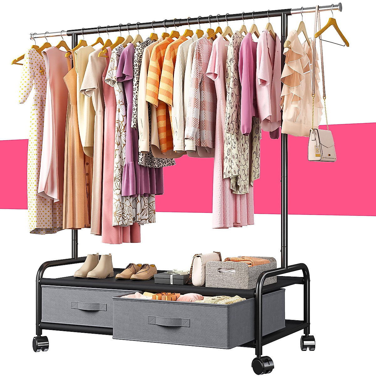 Raybee Clothes Rack, Heavy Duty Clothing Rack, Rolling Clothes Racks for Hanging Clothes, Portable Clothes Rack with Wheels, Garment Rack, 65.2" H x 58.7" W x 16.7" D, Black