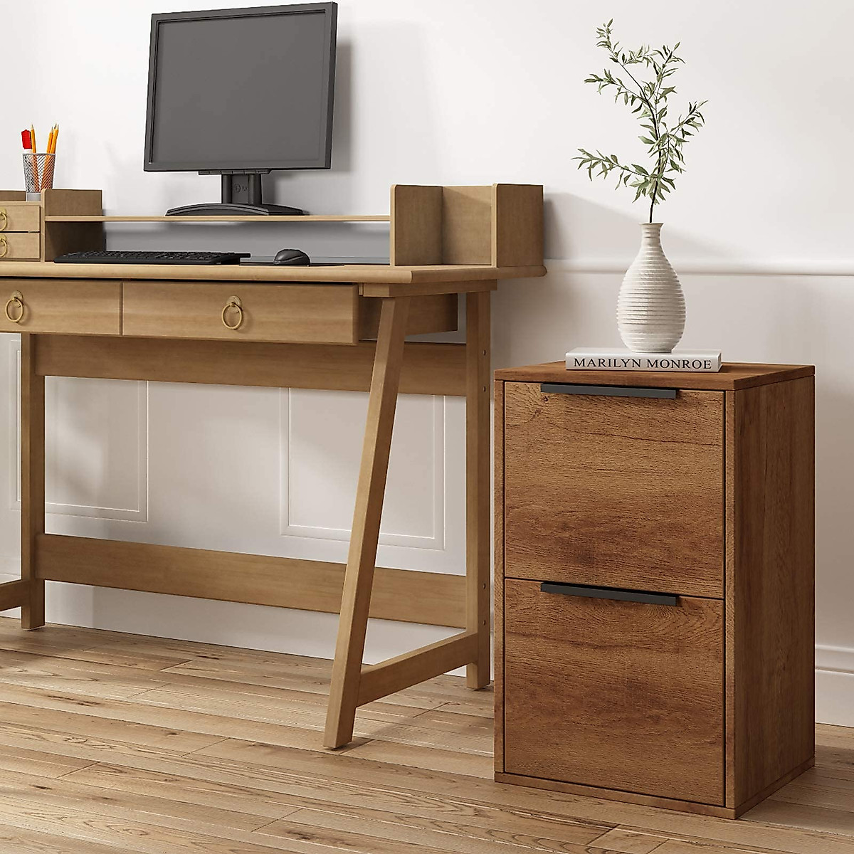 GREATMEET Wood File Cabinet with 2 Drawers, 2 Drawer Wooden File Cabinet with Hanging Bars for Letter, Wood Storage Filing Cabinet for Home Office, Brown