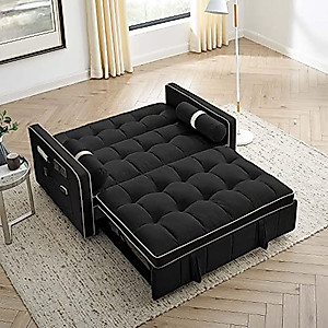 JEEOHEY Sleeper Sofa Couch w/Pull Out Bed, 55.5" New Upgraded Tufted Velvet Convertible Sleeper Sofa Bed, Small Love seat Sofa Bed w/ 2 Pillows for Small Space, Living Room, Apartment, Black