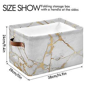 AUUXVA White Gold Marble Storage Basket Bin Large Fabric Toys Storage Cube Box with Handles Collapsible Closet Shelf Cloth Organizer Basket Set of 2 for Nursery Bedroom