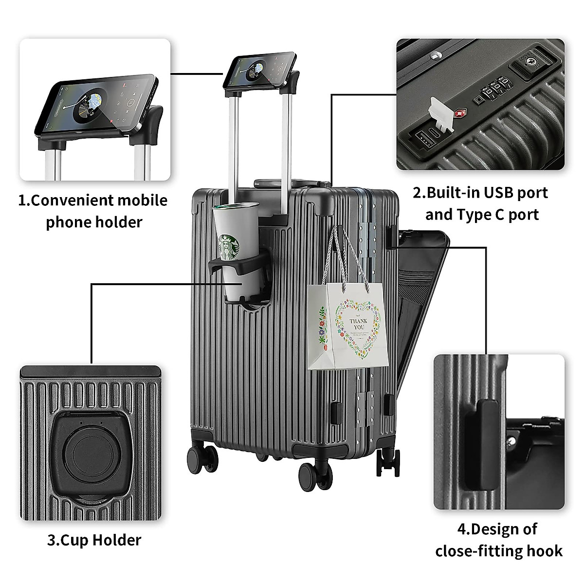 CAARANY Versatile Aluminum Frame Carry-On Luggage with USB Charging Port, Front Compartment, TSA Lock, Airline Approved Carry On Hardside Suitcase with Spinner Wheels (Grey, 20inch)