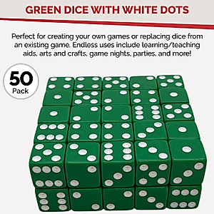 MR CHIPS D6 Standard 16 mm Opaque Dice with Pip Dots - 50 Pack - Green
