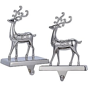 Desami Stocking Holder Set of 2 - Christmas Reindeer Stocking Hanger for Mantel - Silver Metal Deer Christmas Stocking Holder for Fireplace Mantle - Heavy Stocking Holder for Mantle with Hook