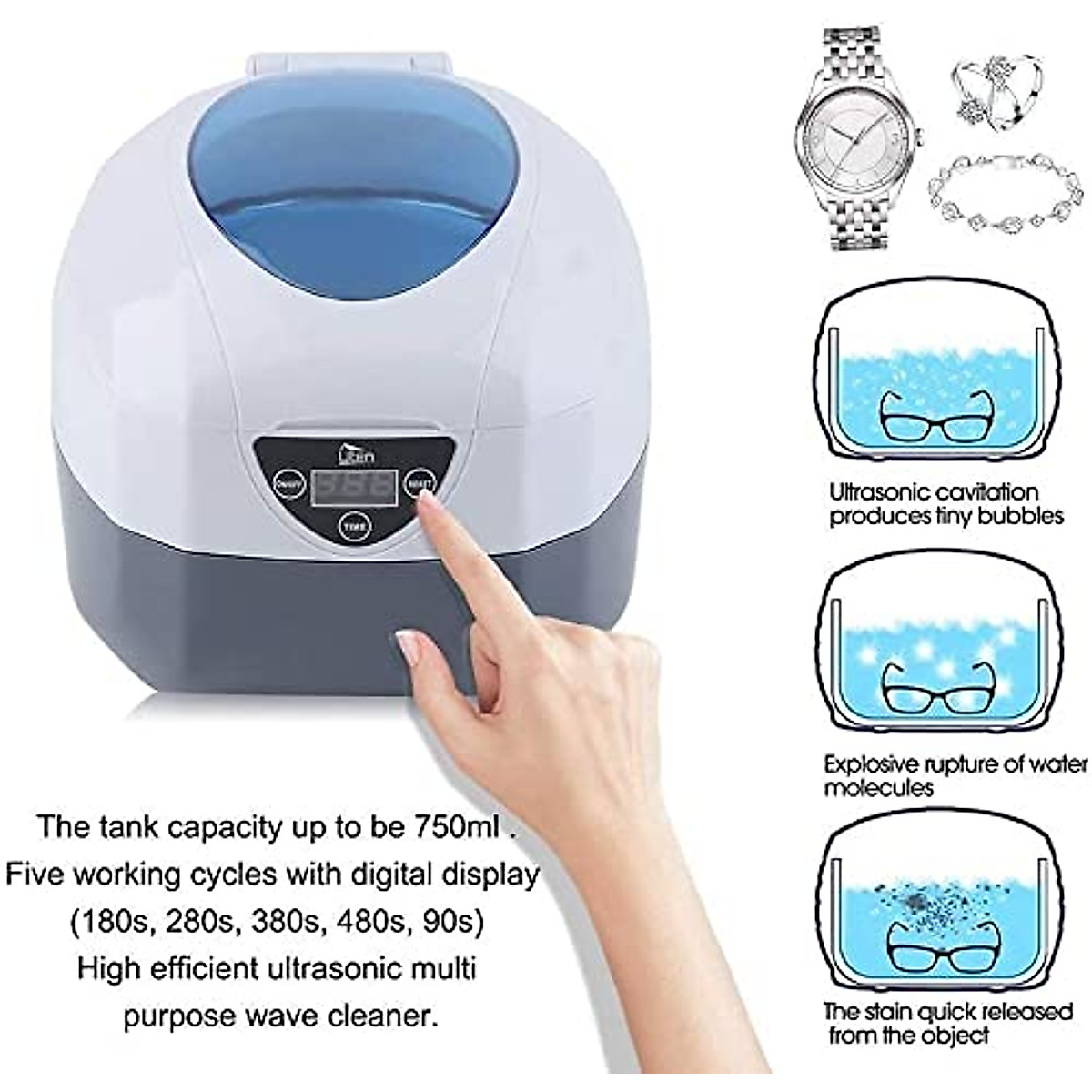 Ultrasonic Cleaner Low Noise Wash Machine for Cleaning Eyeglasses Jewelrys Watches Razors Dentures Combs Tools Instruments - 750 ml