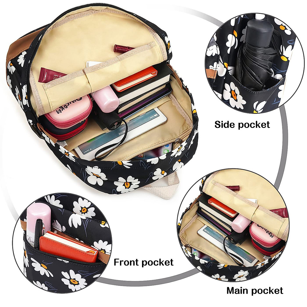 Xinveen Floral Laptop Backpack Rose School Bag Bookbags Lightweight Water Resistant Backpack for Womens Travel Black