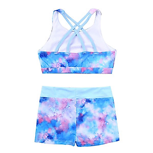 Moily Girls Gymnastics/Dance/Sports Two Piece Outfit Criss Cross Back Crop Top with Booty Shorts Swimwear azure 5-6