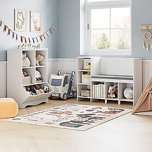 HOUSUIT 43.3" Kids Reading Nook Bench, Nursery Bookshelf and Bookcase with Seat Cushion, 6-Cubby Book Shelf Storage Organizer for Playroom, Bedroom, Living Room, Entryway, White