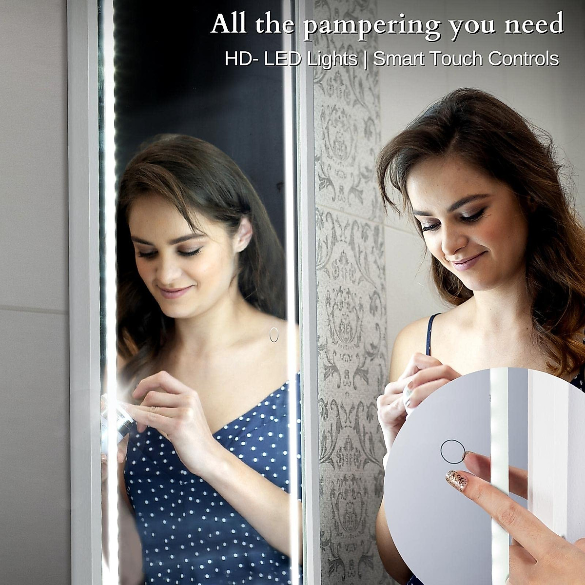 LUXFURNI Large Wall Mirror with LED Lights, 42.5 X 14.4 Wall Mounted Over-The-Door Hanging Mirror Full Size Body Mirror with Brightness Adjustment Dressing Bedroom Glass Mirror