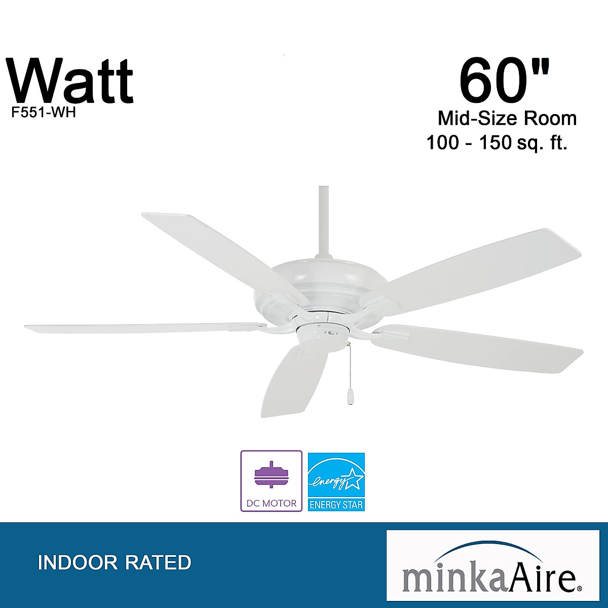 MINKA-AIRE F551-WH Watt 60 Inch Energy Star Rated Ceiling Fan with DC Motor and 4 Speed Pull Chain in White Finish