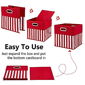 HSDT Fabric Storage Cube Bins 13x13x13 Inch Foldable Boxes Red Cloth Basket with White Strip Pattern for Shelves or Closet Organzier ,QY-SC34-3