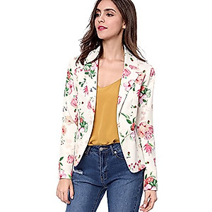 Allegra K Women's Open Front Notch Lapel Printed Business Casual Suit Blazer Jacket Medium White-Floral