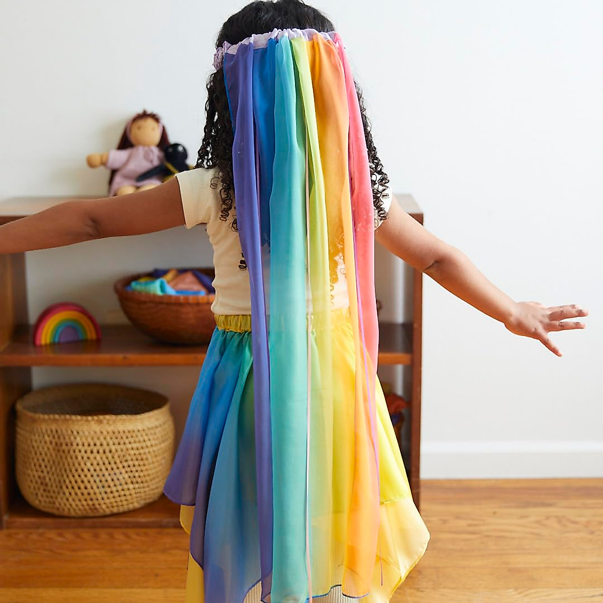Rainbow Veil, Real Silk, 28" Long Veil with 18" Stretchy Headband | Real Natural Silk Waldorf Toys