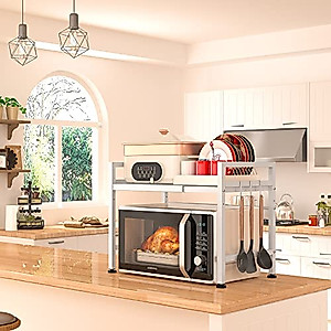 PUSDON Extendable Microwave Oven Rack, Adjustable Microwave/Toaster Shelf Heavy Duty Stand Kitchen Counter Top Organizer(L15.7~23.6" xW12.6 xH18.9), 2-Tier with 3 Hooks, 160lbs Weight Capacity, White