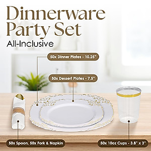 Zulzzy 350 PCS White and Gold Plastic Plates Vintage Design - Includes 50 Dinner Plates, 50 Dessert Plates, 50 Napkins, 50 Cups & Gold Silverware. Ideal for Weddings, Parties & Events.