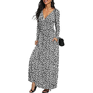 LILBETTER Women Long Sleeve Deep V Neck Loose Plain Long Maxi Casual Dress(F Leopard White, XX-Large)