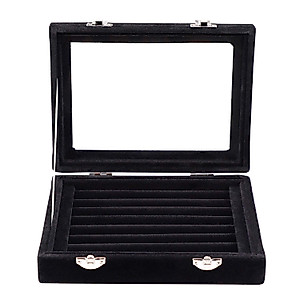 Basuwell Earring Storage 7 Slots Velvet Jewelry Tray for Drawers Glass Clear Lid Showcase Display Ring Organizer Earring Ring Trays Holder Cufflink Showcase-Black