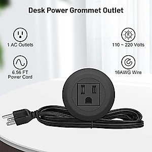 Mini Desktop Power Hub Grommet Socket, Flush-Mount Desk Outlet Build-in 1 US Standard Outlet with 6.56 FT Extension Power Cord, Recessed Power Strip Socket for Desk Nightstand Cabinet Counter
