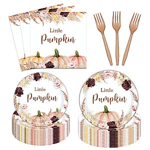 96 Pcs Fall Boho Pumpkin Party Plates and Napkins Set Baby Shower Happy Birthday Party Supplies Decorations for Kid Fall Leaves Pampas Grass Party Disposable Dinnerware Tableware Kit, Serves 24