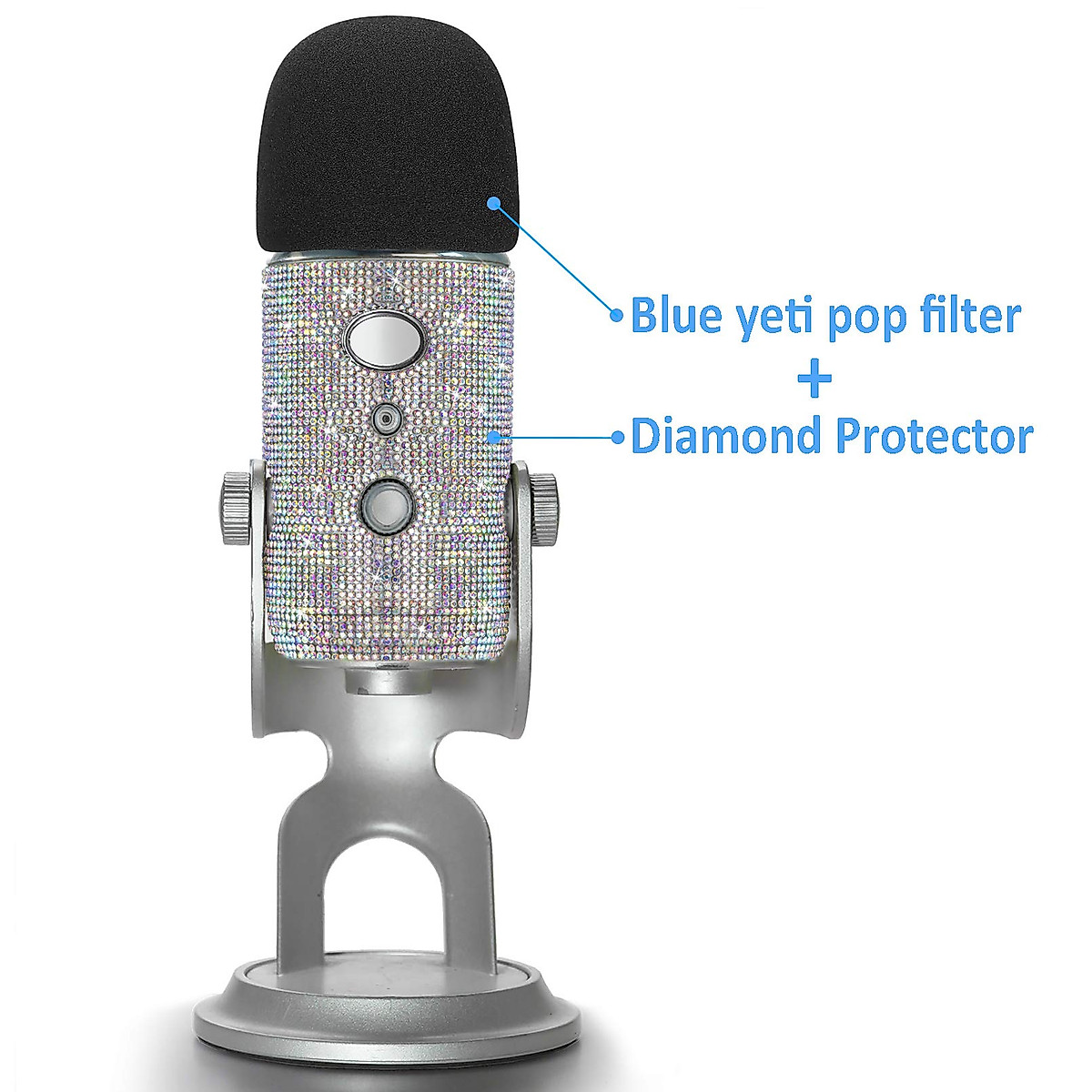 YOUSHARES Blue Yeti Pop Filter - Cute Glitter Sticker, Bling Diamond Shiny Skin with Mic Foam Winscreen Compatible with Blue Yeti Microphones (Silver)