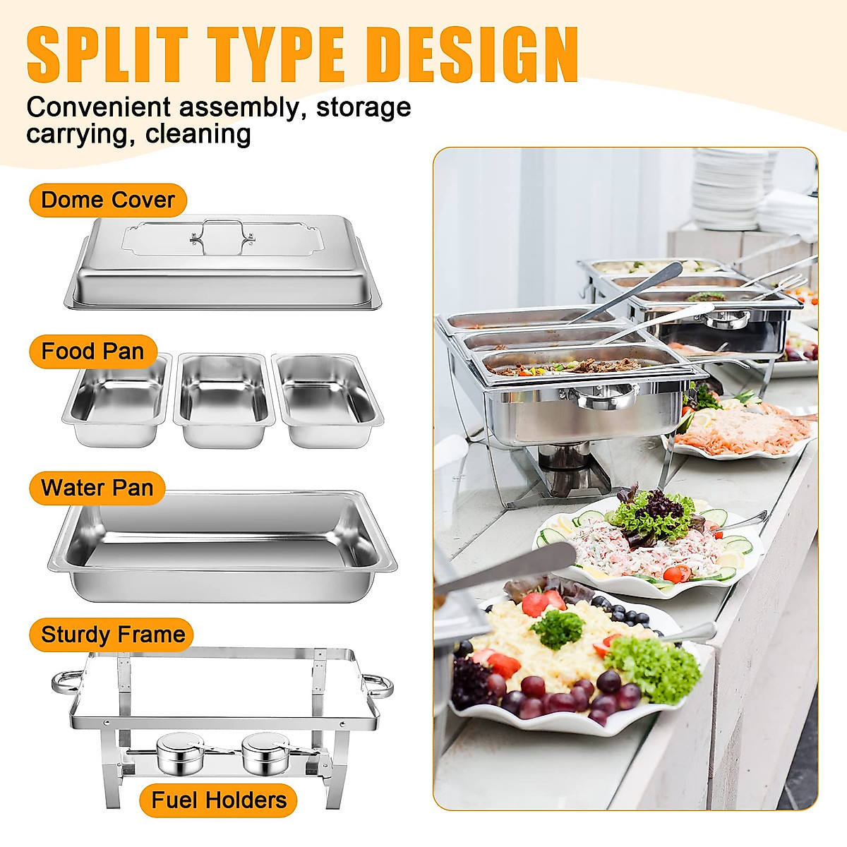 4 Pack Stainless Steel Chafing Dish Buffet Set 8 QT Chafer Dish with 3 1/3 Size Chafing Food Pans Rectangular Catering Warmer Set with Water Pan for Buffet Wedding Parties Banquets Catering Events