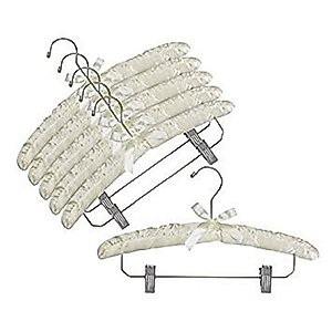 Only Hangers Ivory Satin Padded Hangers w/ Chrome Hook & Clips - Pack of (6)