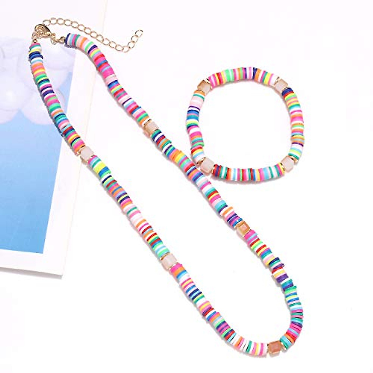 ARATLENCH Heishi Surfer Necklaces Bracelets –Colorful Vinyl Disc Beads Love Necklace Boho Rainbow Stack Stretch Friendship Bracelet Necklaces Set for Women