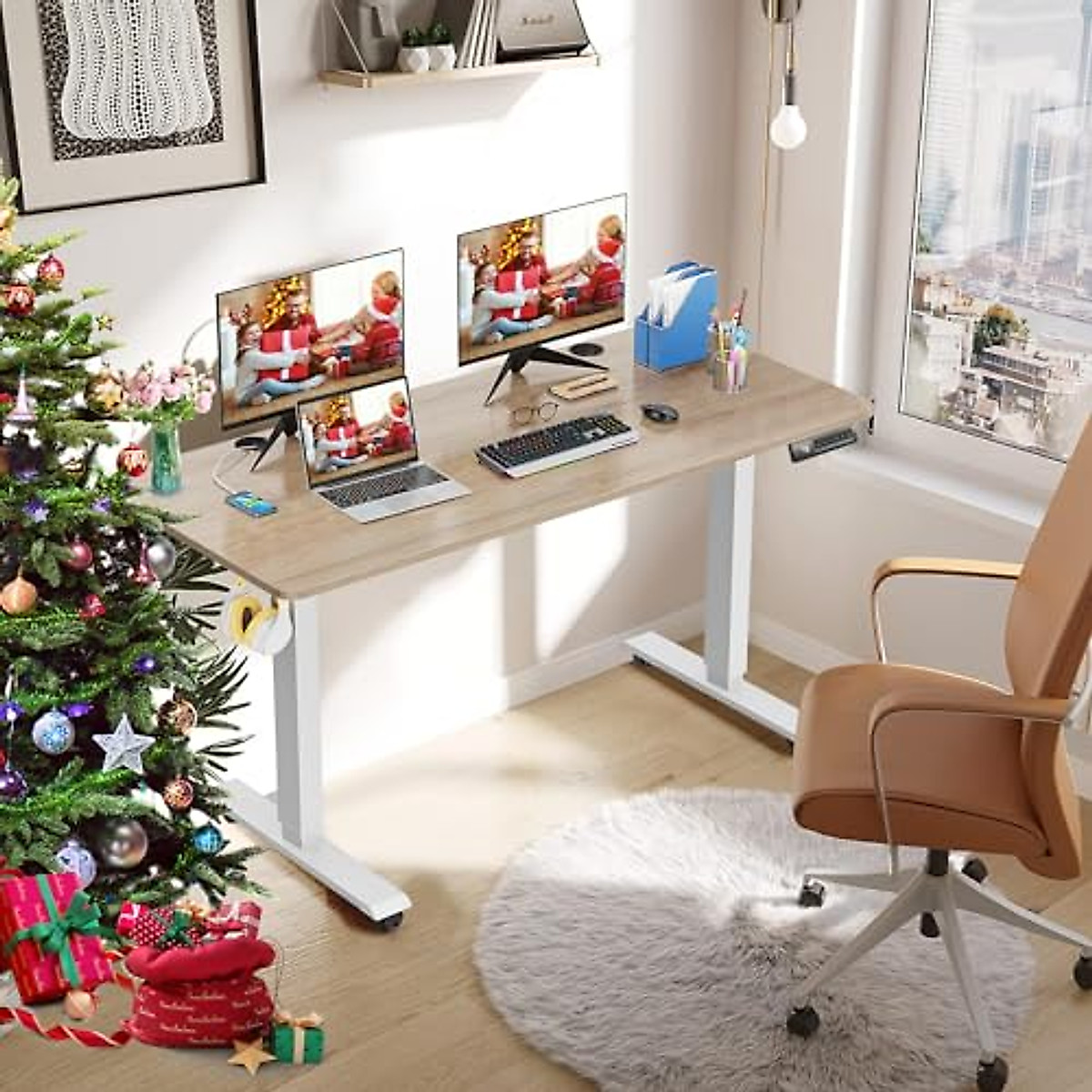 farexon Electric Standing Desk Adjustable Height, 48 x 24 inch Sit Stand Desk with Metal Hook, 4 Memory Heights, 27''-46'' Lifting Range Stand up Desk with Wheels(Oak Gray)