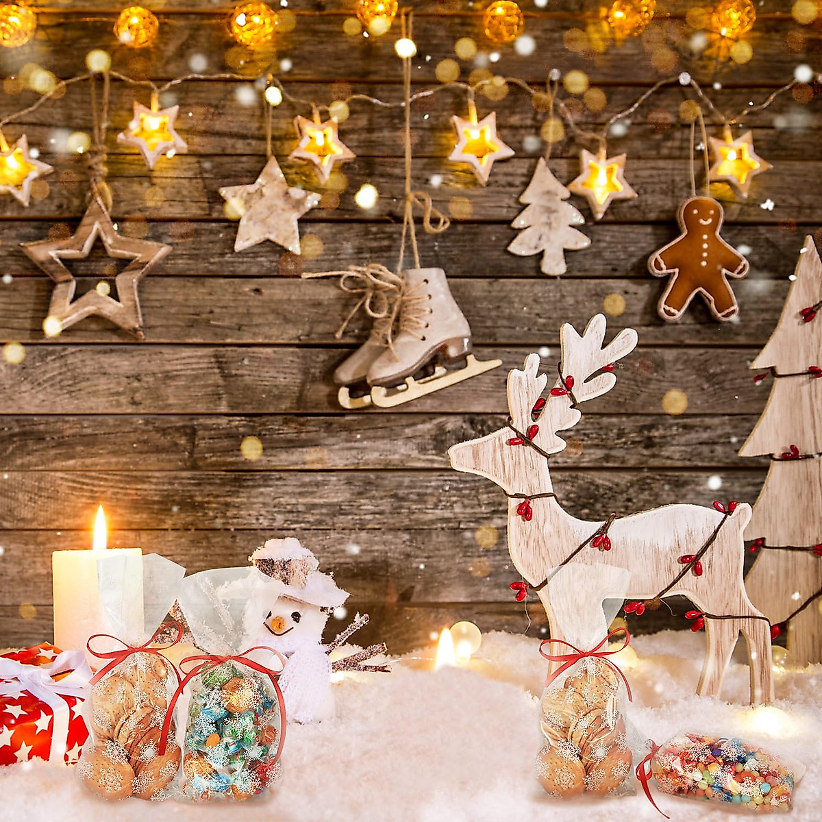 100 Pieces Winter Snowflake Bags Cellophane Holiday Treat Bags Snowflake Cookie Cellophane Bags With Ribbon for Winter Holiday Party Supplies (White Bag with Red Ribbon)