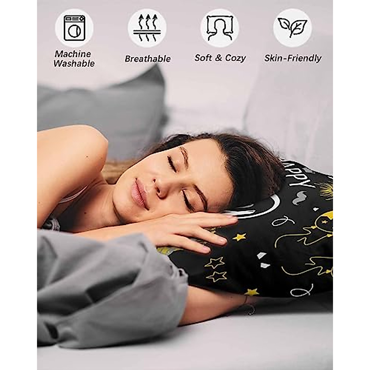 Edwiinsa Happy Birthday Pillow Covers Standard Size Set of 2 20x26 Bed Pillow, Yellow Cake Birthday Gifts Balloon Black Plush Soft Comfort for Hair/Skin Cooling Pillowcases with Envelop Closure
