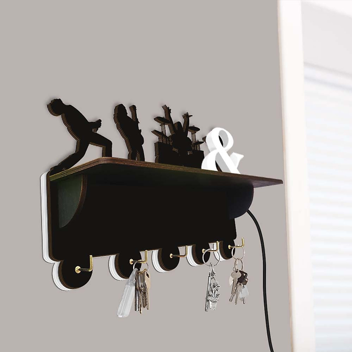 The Geeky Days Rock Band Key Holder for Wall, Musical Theme Wooden Wall Mounted Hat Coat Rack with Mail Medal Organizer Shelf, 5 Metal Hooks Hanger, for Music Lover Studio Hanging Decor