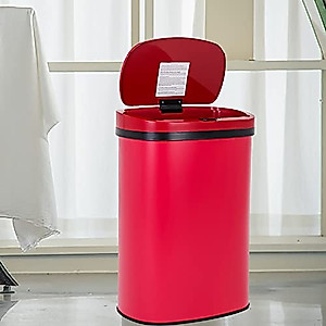 Trash Can 50 L Large Capacity Garbage Can with Lid 13 Gallon Touchless Stainless Steel Rubbish Can for Kitchen Bedroom (RED)