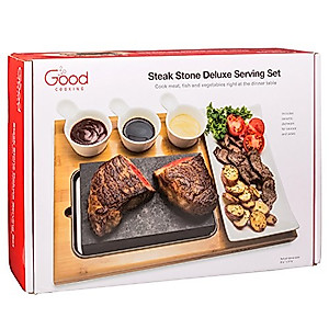 Cooking Stone- Complete Set Lava Hot Steak Stone Plate Tabletop Grill and Cold Lava Rock Indoor BBQ Hibachi Grilling Stone (8 1/8" x 5 3/16") w Ceramic Side Dishes and Bamboo Platter