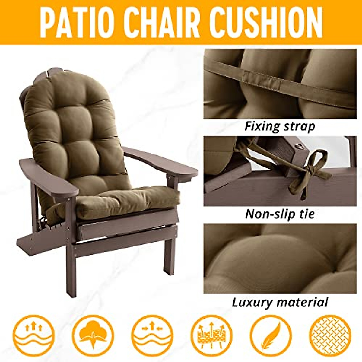 FILUXE Adirondack & Rocking Chair Cushion, High Back Patio Cushions - Waterproof Solid Tufted Pillow, Indoor/Outdoor Pads with Ties, Fade-Resistant & Seasonal All Weather Replacement (Cappuccino, 1)
