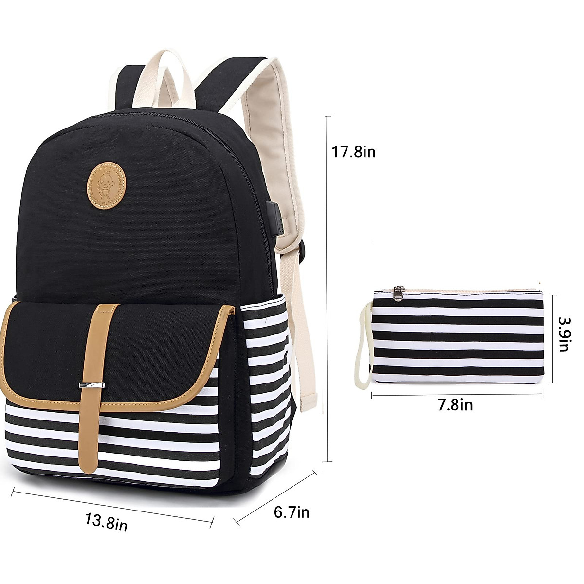 EZYCOK School Backpacks for Teen Girls Women, Lightweight Cute Bookbag Canvas Laptop Backpack with USB Charger Port, Travel Backpack for Girls