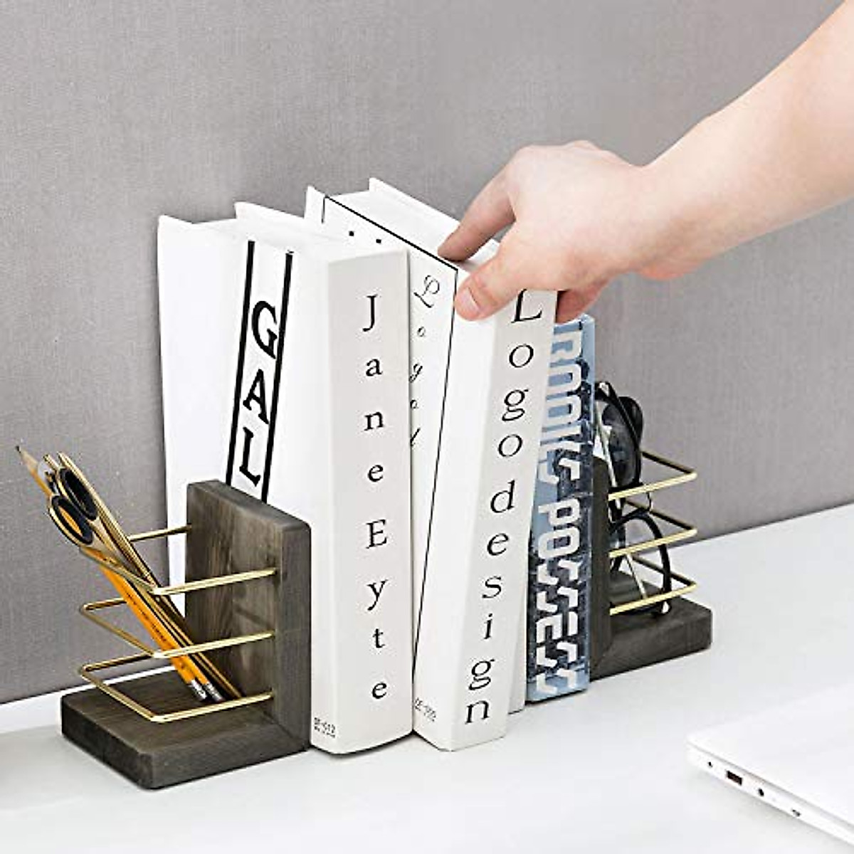 MyGift Vintage Gray Solid Wood Decorative Bookends for Shelves with Brass Metal Wire Pencil Holder Stationary Organizer Slots, 1 Pair