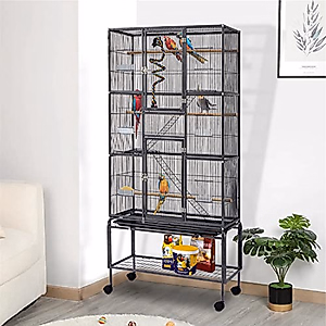 70’’ Big Bird Cage Wrought Iron Large Bird Cage with Rolling Stand for Parrots Conures Lovebird Cockatiel Parakeets, Black