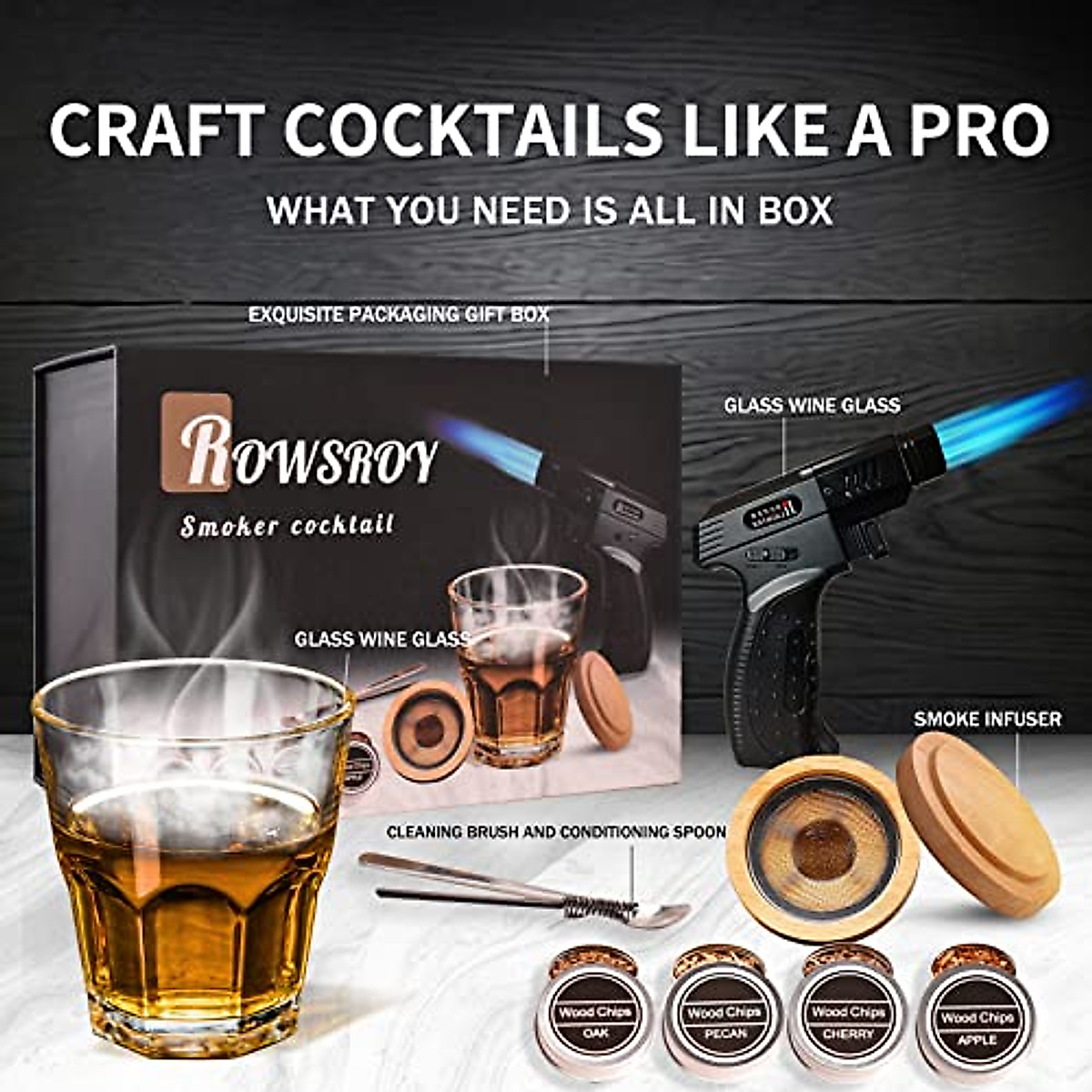ROWSROY Cocktail Smoker Kit, Old Fashioned Smoker Cocktail Kit for Drinks, Bourbon Smoker Lover, 4 Flavor Wood Chips for Whiskey and Bourbon with Torch (Excludes Butane) Holiday gift, Gifts for Men