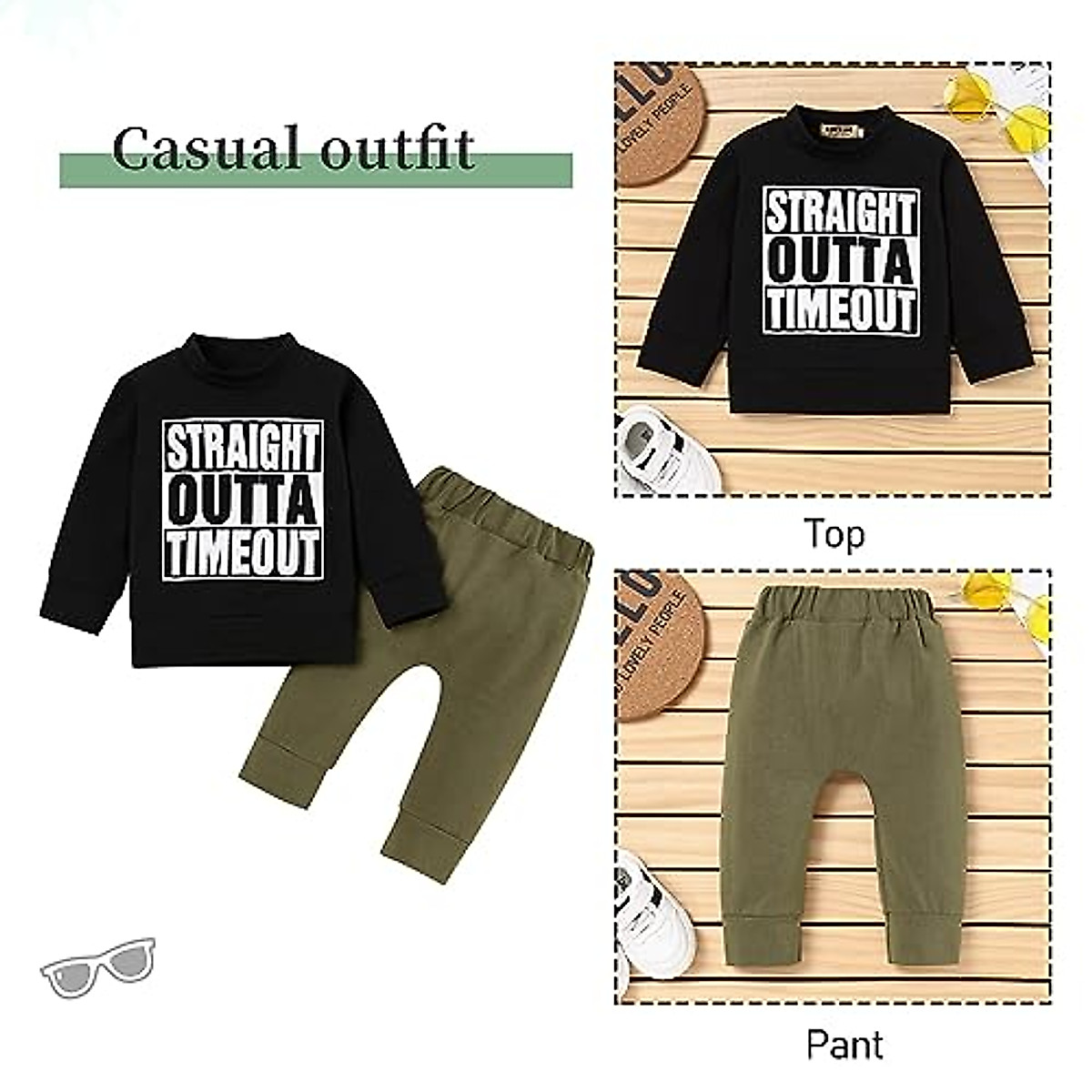 Toddler Baby Boy Clothes Long Sleeve Funny Letter Sweatshirt Top + Camouflage Pants Outfit Set (A-Black, 3-4T)