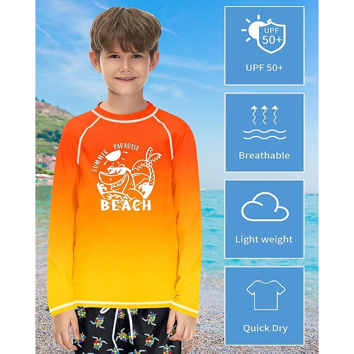 BesserBay Child Boys Long Sleeve UV Protection Rashguard Shirt Orange Gradient Beach Surf Swim Top 9-10 Years