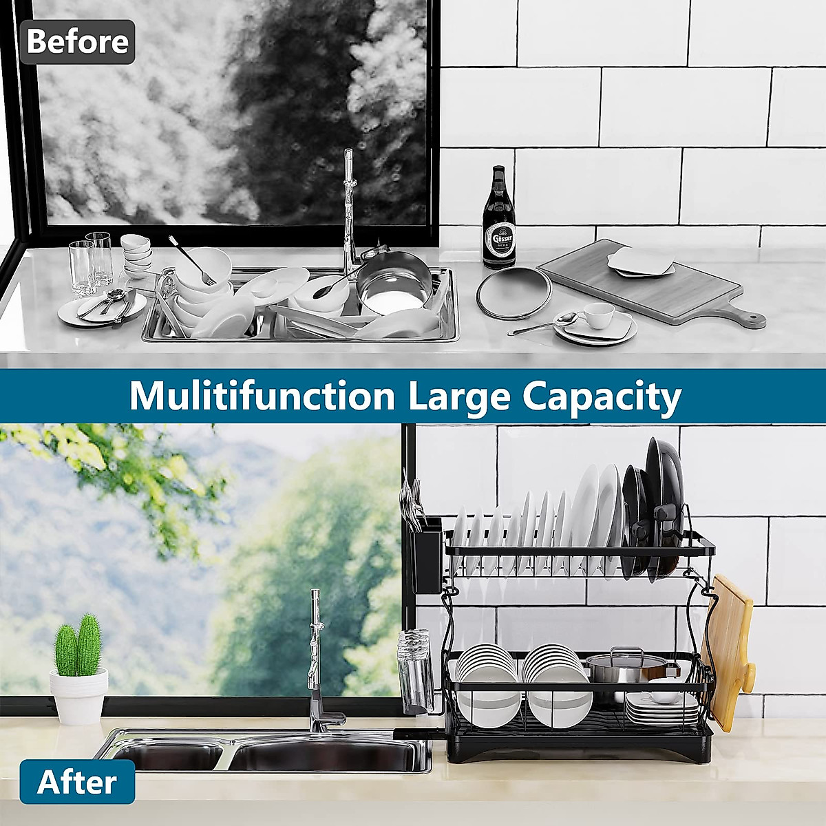 Johamoo Dish Drying Rack with Drainboard, 2 Tier Dish Rack for Kitchen Counter, Large Capacity Dish Drainer Set with Utensils Holder, Black