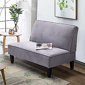 Alunaune Upholstered Loveseat Bench Settee for Living Room, Modern Armless Small Sofa Bedroom Couch Cushioned Linen Love Seat Bench (Light Grey)