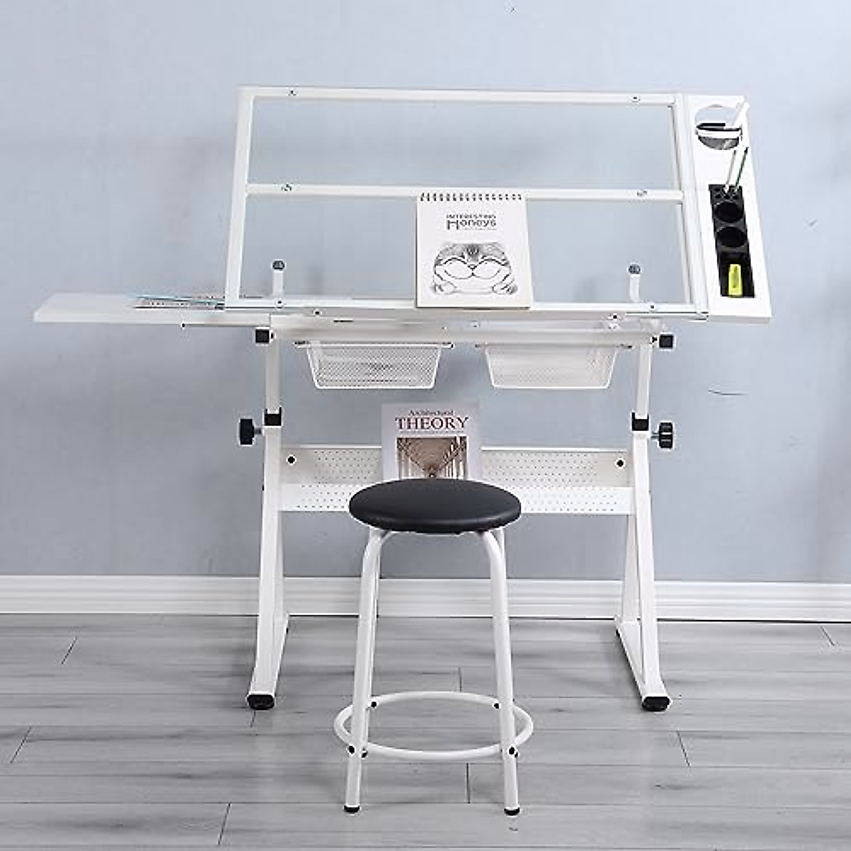 Gynsseh Drafting Table with Stool, Adjustable Height Drawing Table for Artists, 0-75° Tilting Glass Tabletop Art Craft Desk Watercolour Painting Workstation for Home School, White