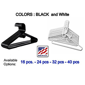 Plastic Hangers HD Heavy Duty, 32 Pcs. Black Color, Made in USA, 3/8” Thickness, Durable, Tubular, Lightweight, for Clothes, Coat, Pants, Shirts, Dress and More, TINEFF, Free and Quick delivery.