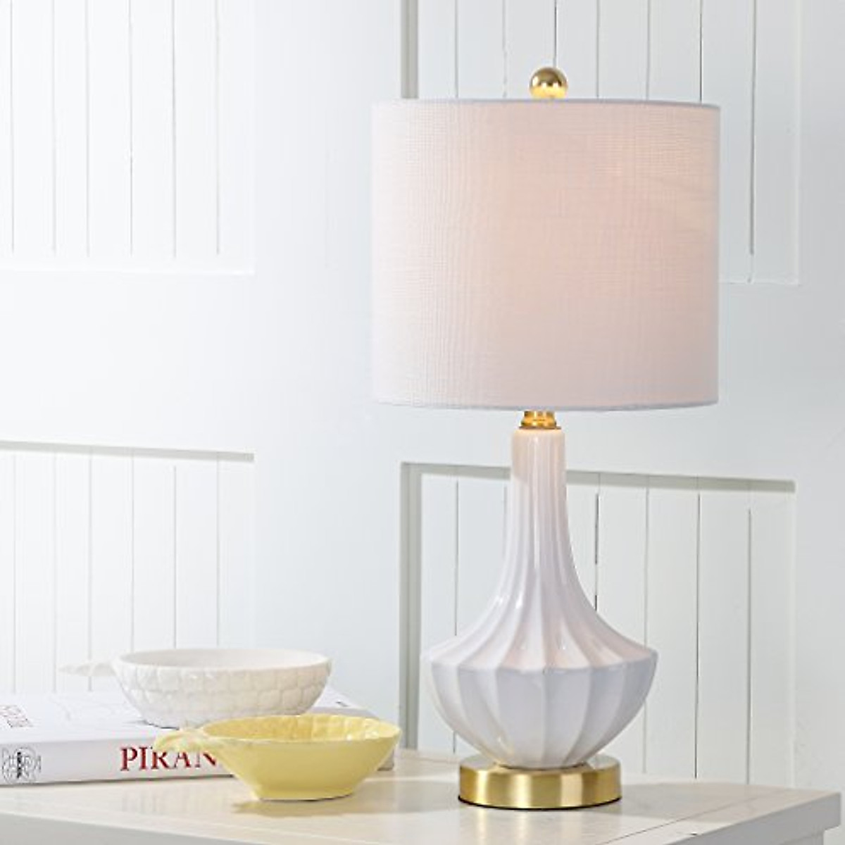 JONATHAN Y JYL1030A Parker 21.5" Ceramic Mini LED Table Lamp, Modern, Contemporary, Elegant, Office, Living Room, Family Room, Dining Room, Bedroom, Hallway, Foyer, Brass/White